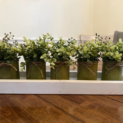 Rustic Planter Box, Tin Pots With Greenery, Farmhouse Table Centerpiece ...