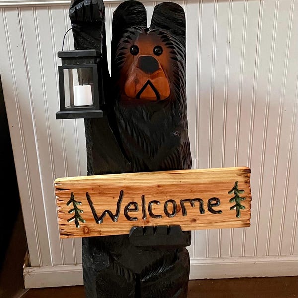 3ft Cedar Black Bear Chainsaw Carving With Solar Lantern and Welcome ...