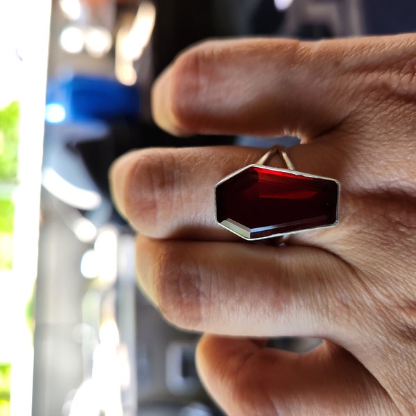 Red Garnet Ring, Coffin Ring, 925 Solid Sterling Silver, Coffin Shape ...