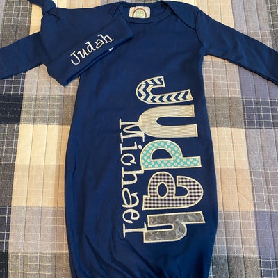 Personalized Navy Baby Gown and Hat. Grey, Aqua and Navy. Baby Coming ...