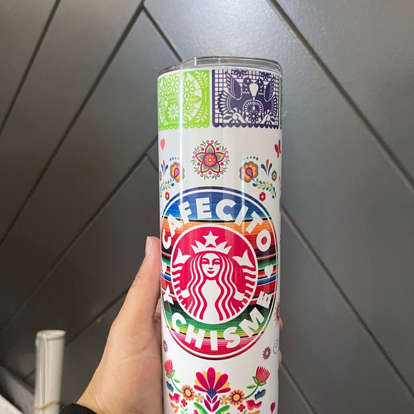 Cafecito Y Chisme 20oz Skinny Tumbler Colorful Mexican Theme Banner ...