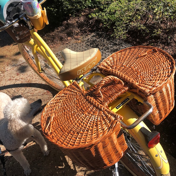 Hand-woven Wicker Bicycle Double Basket, Lidded Wicker Bicycle Double ...