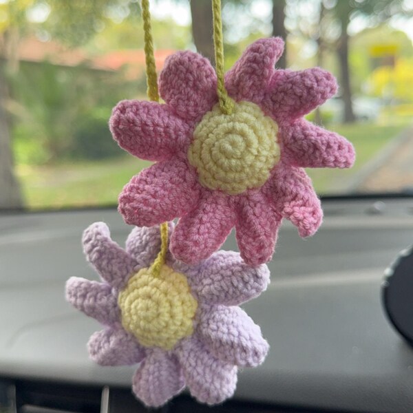 2 Crochet Daisy Gifts Aesthetic Car Mirror Accessories, Interior Rear ...