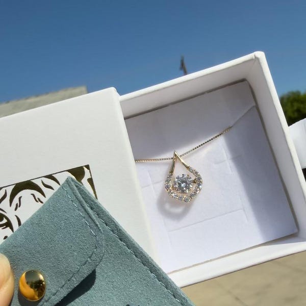 14k Solid Gold Moving Diamond Necklace, CZ, Floating CZ Pavé Diamond ...