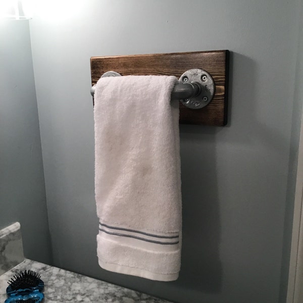 Rustic, Industrial Hand Towel Bar on Wood, Bathroom Decor, Towel Holder ...