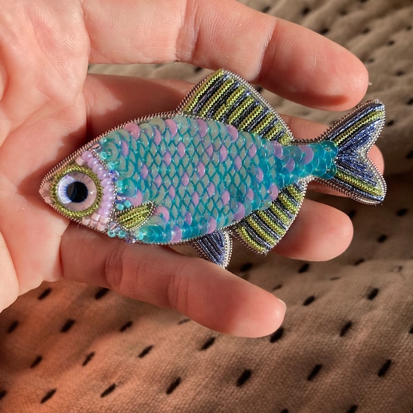 Embroidered Sequins Fish Brooch Beaded Pin Handmade Gift for Her Fish ...