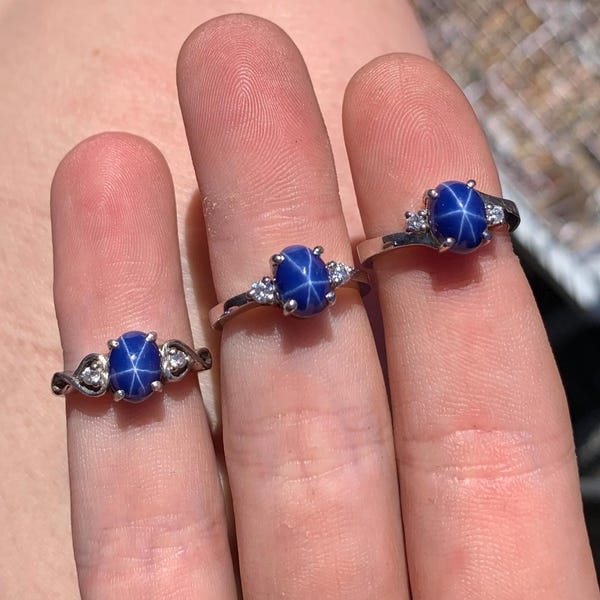 14k Yellow Gold Vintage Blue Star Sapphire Ring, Sapphire CZ Gold Ring ...