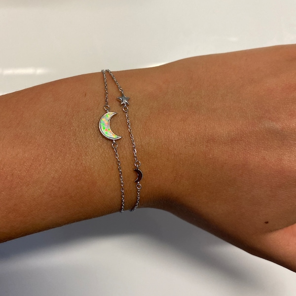 Dainty Opal Moon Bracelet, Crescent Moon and Star Sterling Silver ...