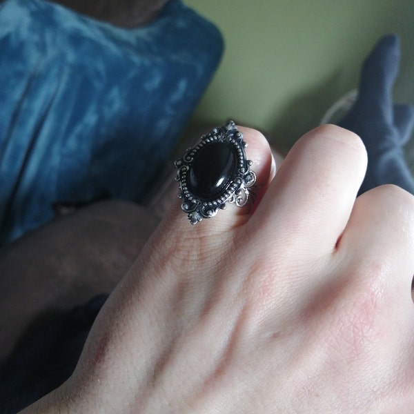 Victorian Gothic Ring - Black Onyx Gemstone Ornate Filigree Steampunk ...