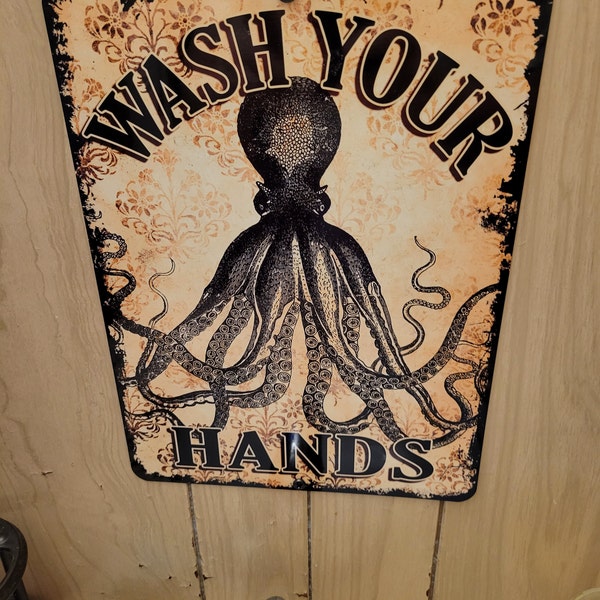 Octopus Wash Your Hands Bathroom Wall Decor Kitchen Art Antique Style ...
