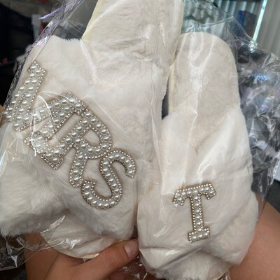 Bride Gift Pearls Slippers Rhinestone Fluffy Slippers Bridal Shower ...