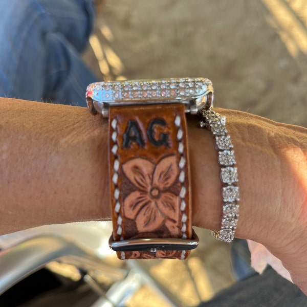Custom Design Western Floral Tooled & Painted Leather Watch Band ...