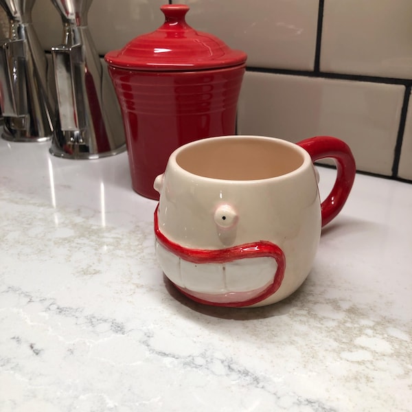 Hand Painted Plain Eyes Striped Handle Clay Coffee Mug, Funky Mug ...