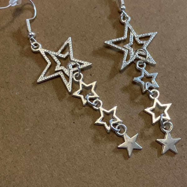 Moon and Dangling Stars Dangle Drop Silver Earrings Stainless Steel 925 ...