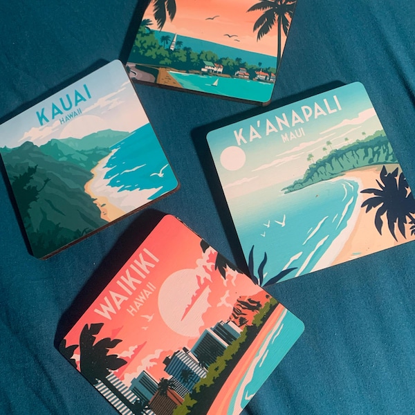 Retro Kauai Hawaii Drink Coasters, Napali Coast, Hanalei, Poipu Beach ...