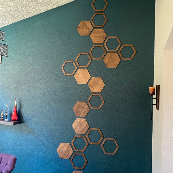 Geometric Wall Panel, 12 Hexagons Set, Tile Size - 4.3" X 5", Dark Wood ...