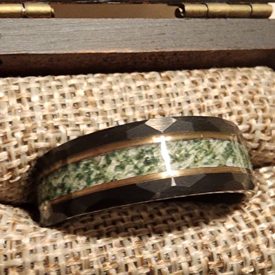 Green Moss Agate Black Hammer Rose Gold Accent Ring 8mm Tungsten ...