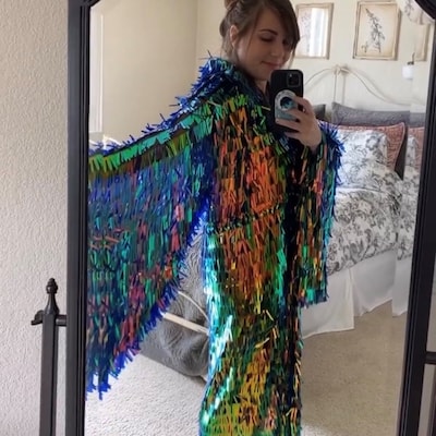 Fire Sequin Bell Sleeve Kimono / Festival Robe / Hooded Kimono / Maxi ...