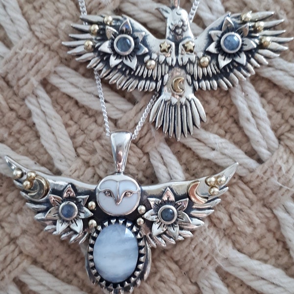 Silver and 18K Gold Owl Pendant - Natural Moonstone Jewelry - Owl ...