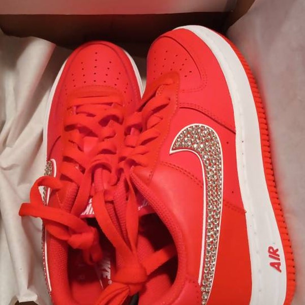Swarovski Women's Air Force 1 Red & White Low Platform Sneakers Blinged ...