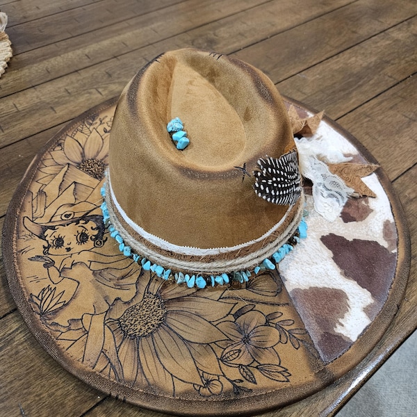 CUSTOM HAND BURNED Wide Brim Hat Bride Branded Hat Flowers and Leaves Burned Hat Western Hat - Etsy