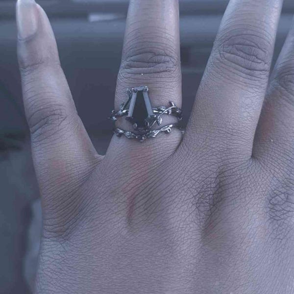 Vintage Rutilated Quartz Engagement Ring Set Black Metal Ring Set for ...