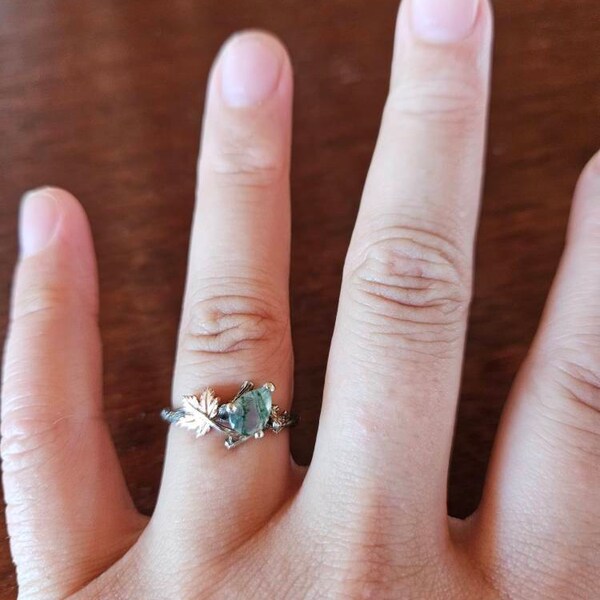 Twig and Leaf Bridal Set, Moss Agate Engagement Ring, Maple Leaf Ring, Moss Agate Twig Ring - Etsy