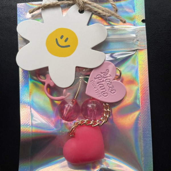 Pink Cherry Keyring With Heart Clasp, Cute Heart Keychain, Keychain ...