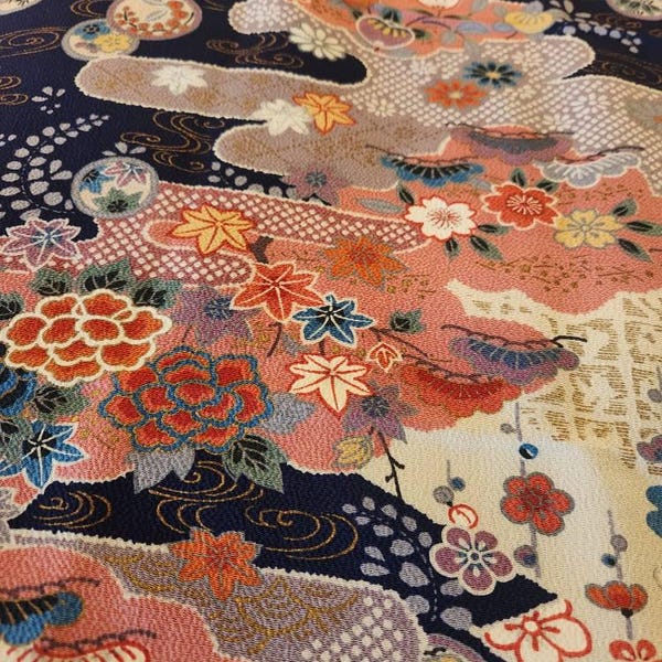 Gold-threaded Design Japanese Silk Kimono Fabric, Vintage Japanese ...