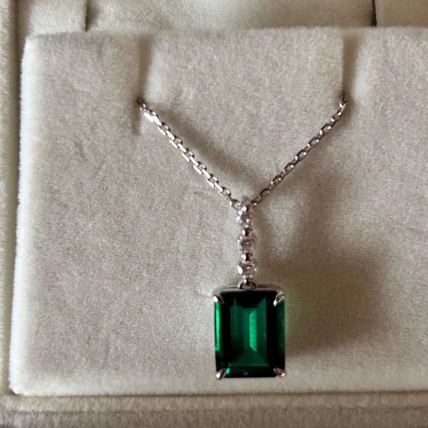 Emerald Cut Emerald Pendant Necklace Solid 14K White Gold Engagement ...