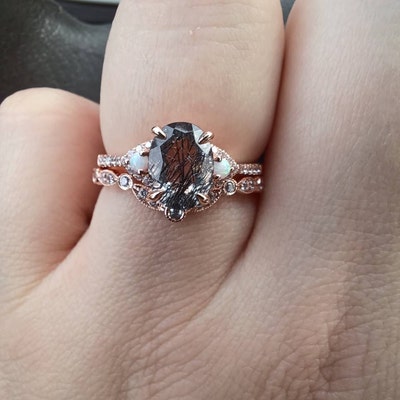 Vintage Black Rutilated Quartz Engagement Ring 14k Rose Gold Oval Cut ...
