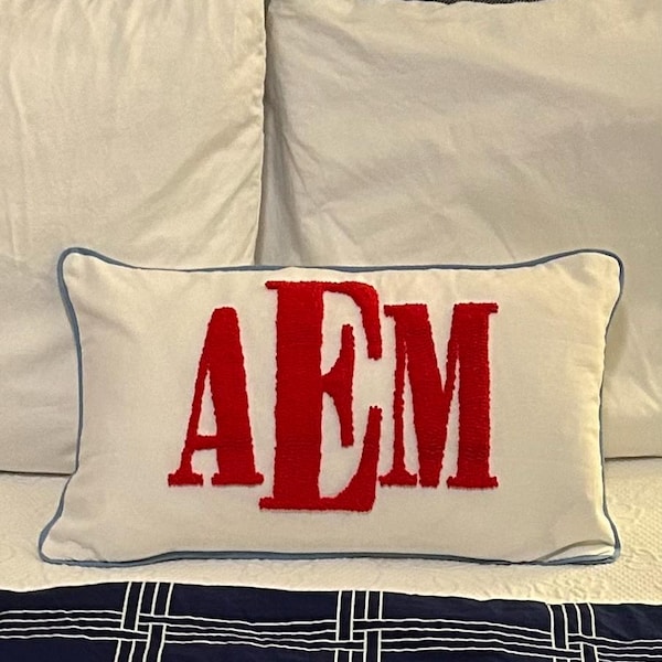 Monogram Embroidered Pillow, Initial Punch Needle Pillow, Custom Lumbar ...