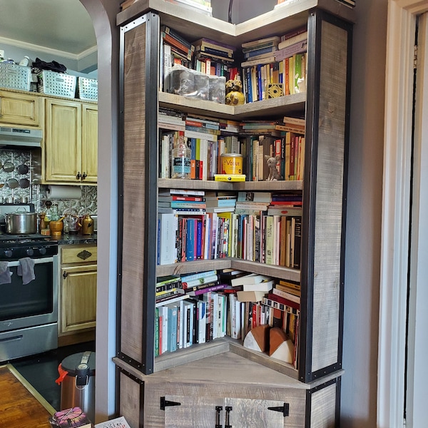 Rustic Industrial Corner Bookcase – Reclaimed Barn Wood, Metal Cabinet ...