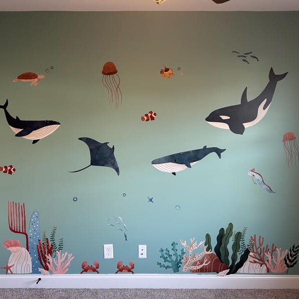 Ocean Animal Wall Decals , Sea Life Wall Stickers, Watercolor Sea Life ...