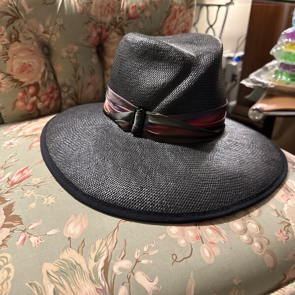Celine: Sueded Felt Fedora in Ice With 1/4" Black Leather Trim With ...