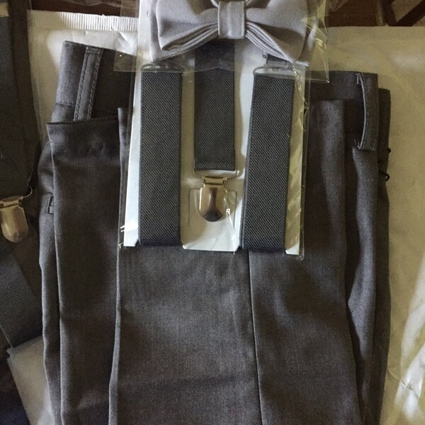 Light Grey Bow Tie & Charcoal Grey Suspenders for Baby Toddler Boy Kids ...