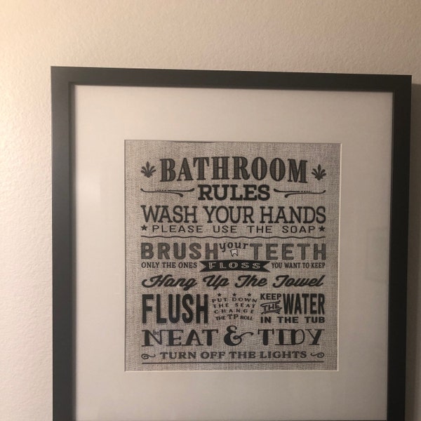 Bathroom Rules on Rustic Faux Burlap / Bathroom Wall Art Print ...