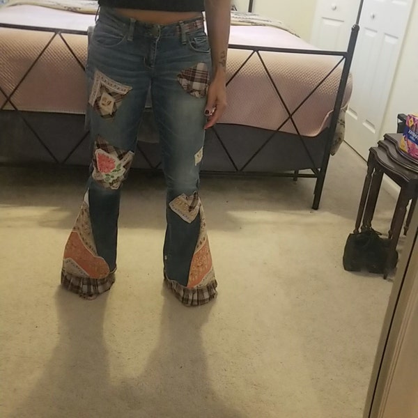 Upcycled Embellished Jeans Girls Flare Boho Denim Lace Trim Pink ...