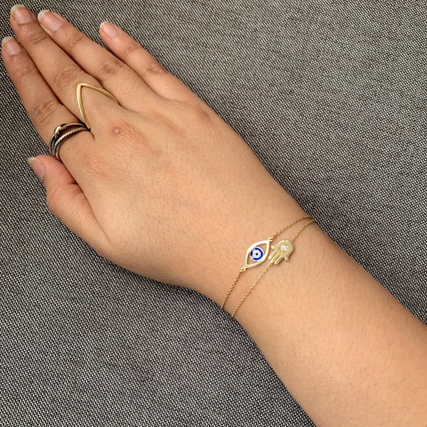 14k or 18k Solid Gold Dainty Evil Eye Bracelet, Minimalist Enamel Eye ...