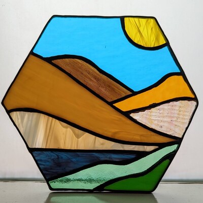 Hexagon Landscape Stained Glass Pattern, Modern Stained Glass ...