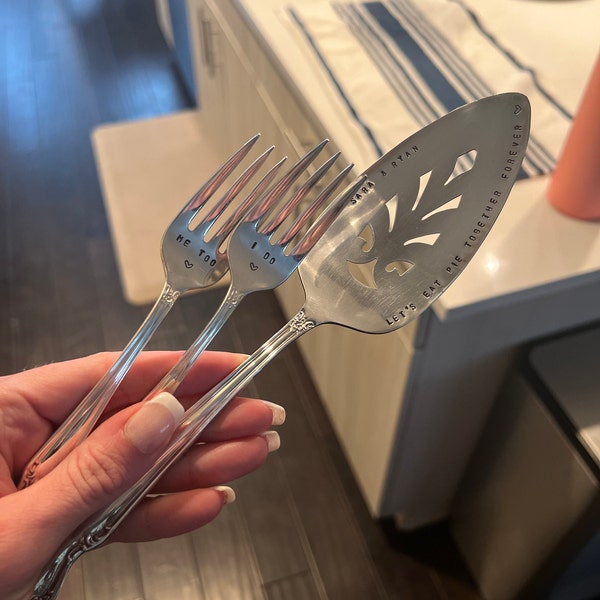 Hand Stamped Wedding Pie Server and Dessert Forks - Let's Eat Pie ...