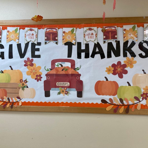 Give Thanks Truck Bulletin Board Kit, Happy Thanksgiving Pumpkin Fall ...