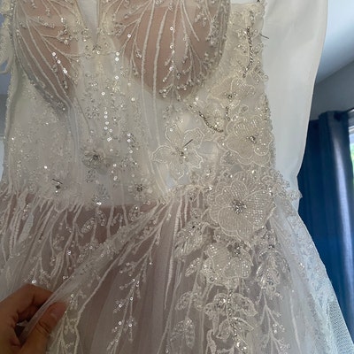 Ivory Beige Embroidered Tulle Lace Fabric With Chevron Patterns, Retro ...