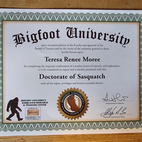 Personalized BIGFOOT University Certificate - Digital Download - Custom ...