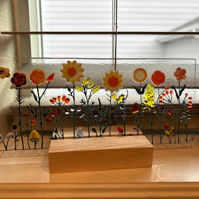 Summer Flower Garden Suncatcher, Wood Stand, Fused Glass, Handmade ...