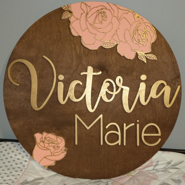 Wooden Name Sign Roses | 3D Name Sign Wood | Rose Nursery Decor |floral ...