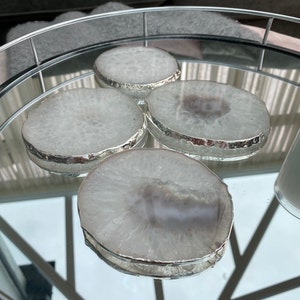 Natural White Agate Crystal Coasters With Silver Glided Edge Homeware ...