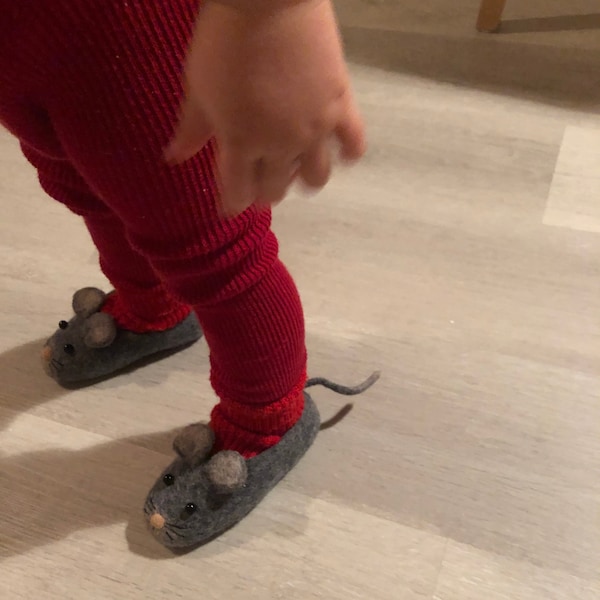 Mouse Slippers Toddler Slippers Handmade Wool Flat Shoes Funny Gray ...