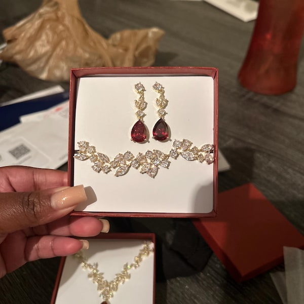 Red Bridal Jewelry Set, Burgundy Bridal Earrings, CZ Necklace, Bridal ...