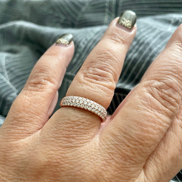 Micro Pave Diamond Ring, 3 Row Pave Diamond Wedding Band, Half Eternity Wide Diamond Band, 14K ...
